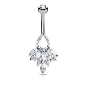 inspiration dezigns tear drop cz and marquise cz clustered 316l surgical steel belly button navel rings (clear)