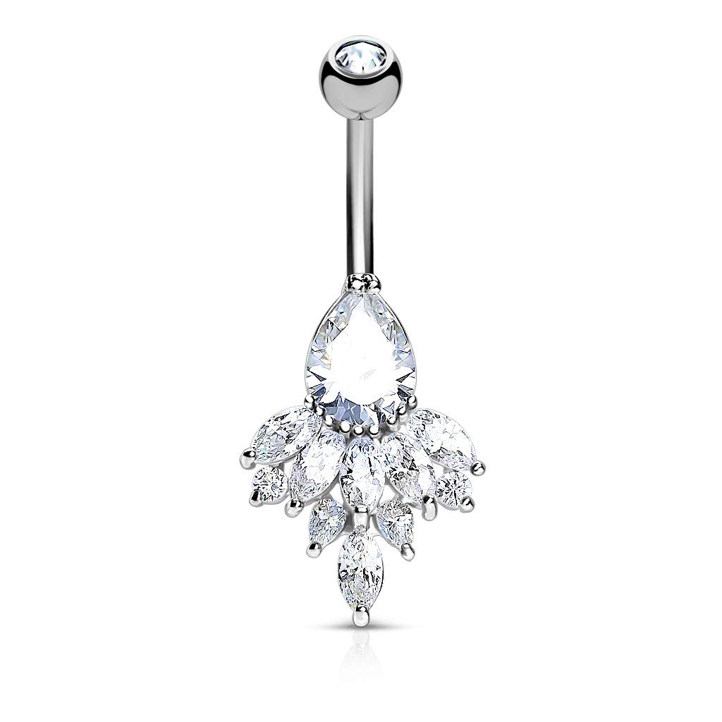 Inspiration Dezigns Tear Drop CZ and Marquise CZ Clustered 316L Surgical Steel Belly Button Navel Rings (Clear)