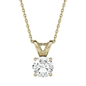 charles & colvard created moissanite 8mm round cut solitaire pendant necklace for women | 1.9 cttw dew | lab grown | solid 14k yellow gold | 18" chain