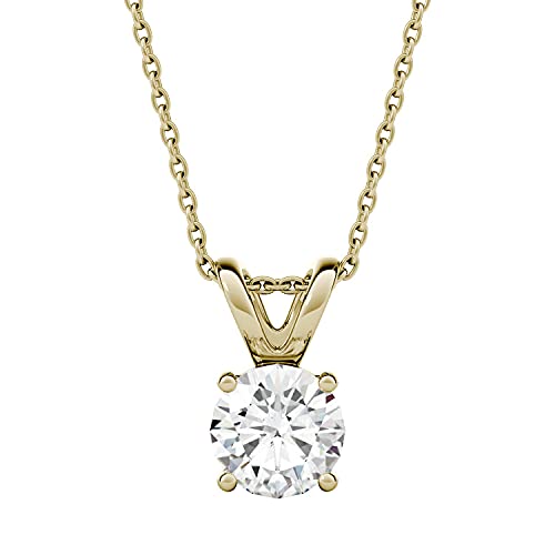 Charles & Colvard Created Moissanite 8mm Round Cut Solitaire Pendant Necklace for Women | 1.9 cttw DEW | Lab Grown | Solid 14K Yellow Gold | 18" Chain