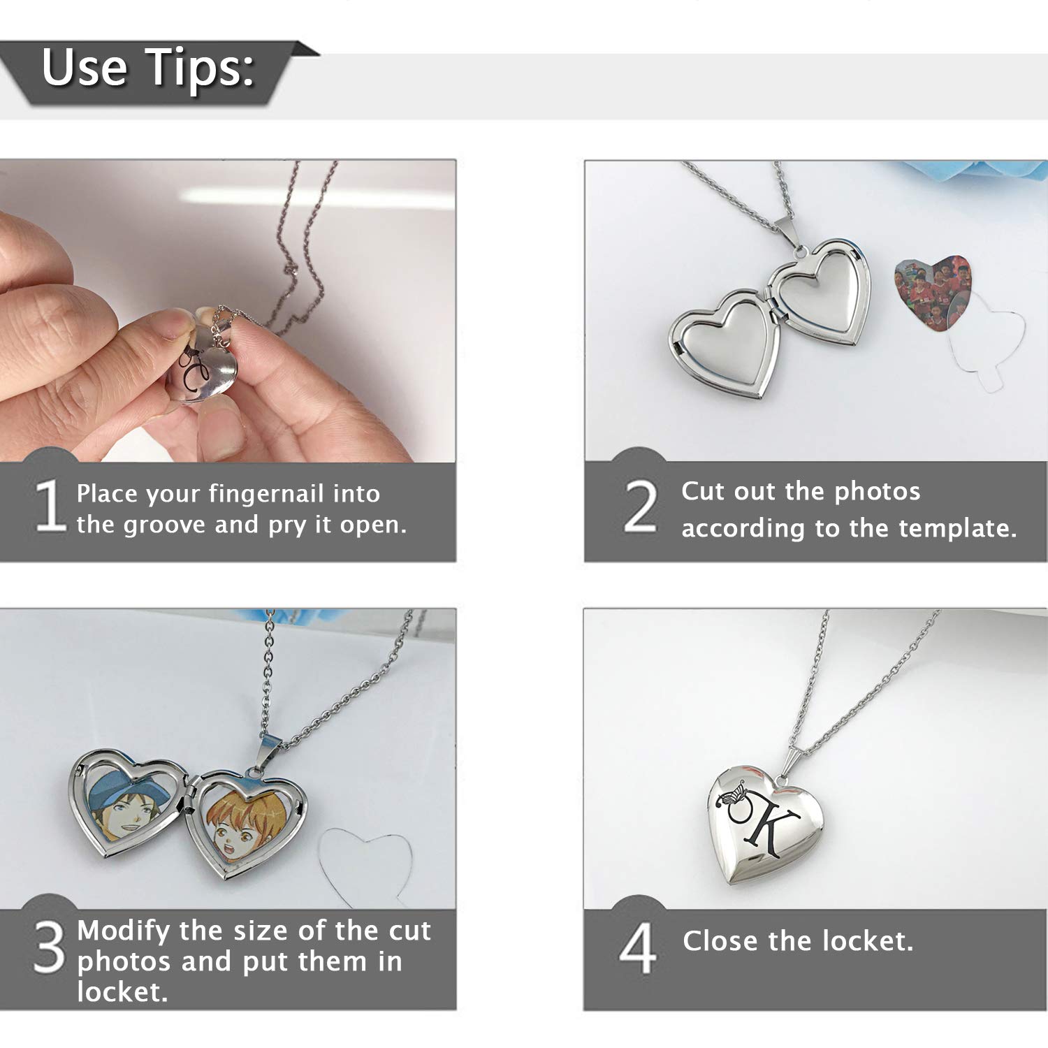 MUERDOU Locket Necklace that Holds Pictures Initial Alphabet Letter Heart Shaped Photo Memory Locket Pendant Necklace (K)