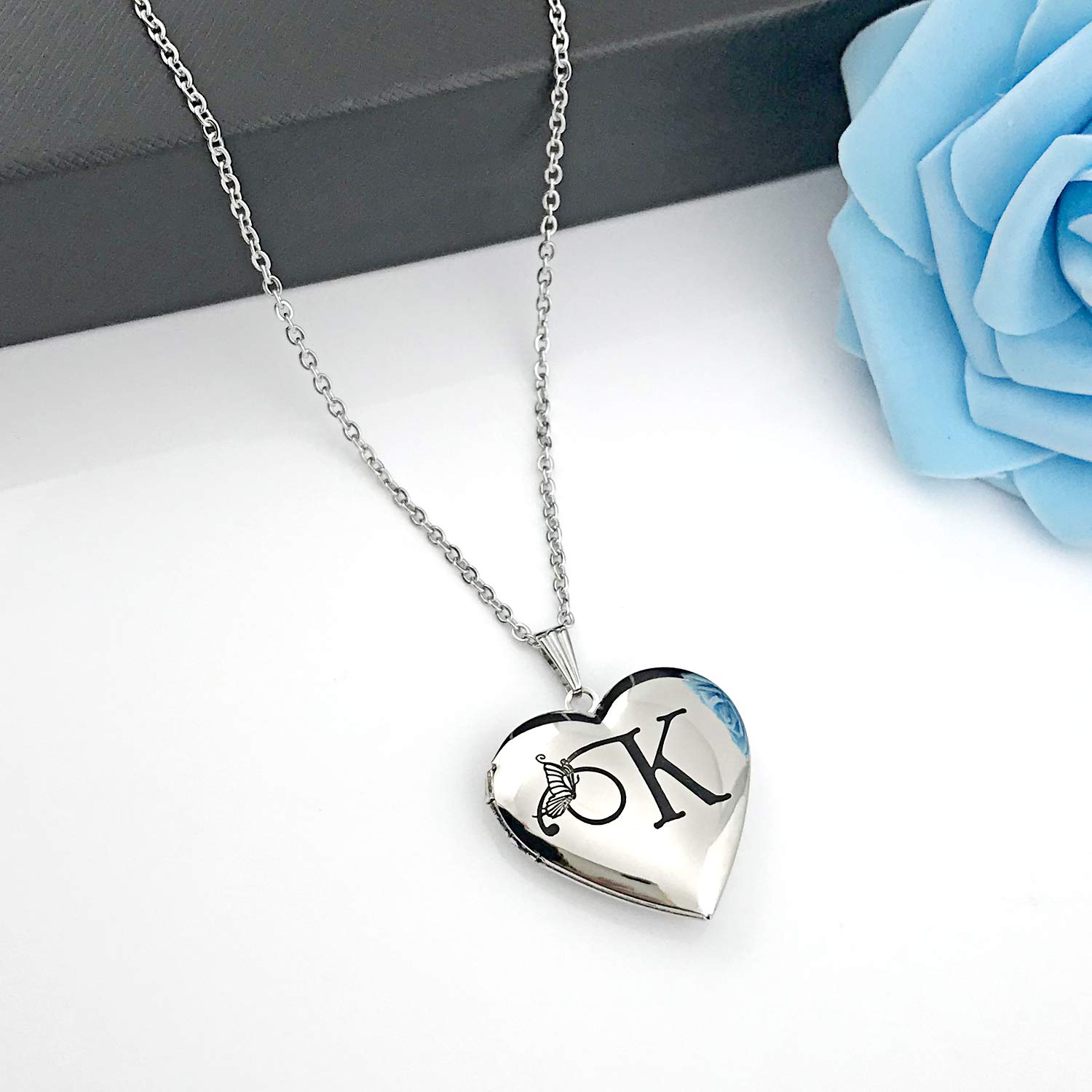 MUERDOU Locket Necklace that Holds Pictures Initial Alphabet Letter Heart Shaped Photo Memory Locket Pendant Necklace (K)