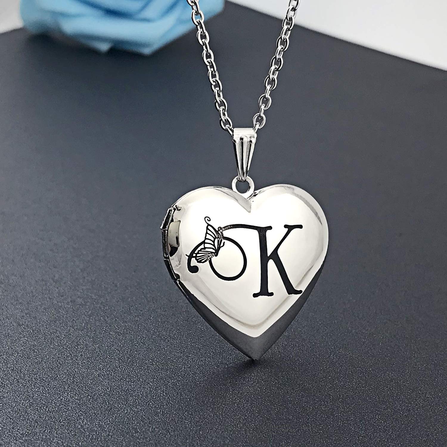 MUERDOU Locket Necklace that Holds Pictures Initial Alphabet Letter Heart Shaped Photo Memory Locket Pendant Necklace (K)