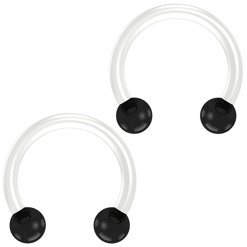 Evonix 2pc 14g Flexible Bioflex Circular Barbell Horseshoe Septum Ring Bioplast Piercing 10mm Black Balls