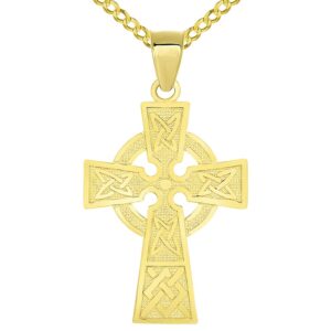 jewelry america solid 14k yellow gold trinity knot celtic cross pendant with cuban chain necklace, 24"