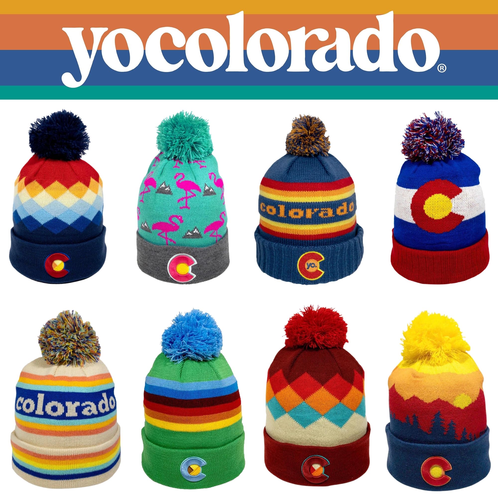 YoColorado Argyle Colorado Pom Pom Beanie - Mountain Winter Hats for Men or Women, Rainbow Warm Stocking Stuffers Ski Caps