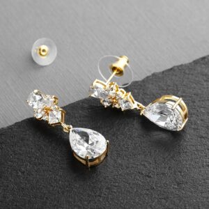 Mariell 14K Gold Plated Cubic Zirconia Teardrop Pear Dangle Drop Wedding Earrings, Bridal & Formal Wear