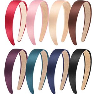 blulu 1 inch 8 pc satin headbands for women color ladies hard hair bands satin anti slip ribbon hair bands for women favors(color set 2)