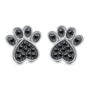 s925 sterling silver jewelry puppy dog cat pet paw print black cz stud earrings