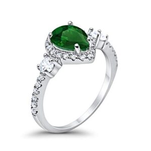 Blue Apple Co. 3-Stone Halo Teardrop Fashion Bridal Ring Pear Simulated Emerald Round Cubic Zirconia 925 Sterling silver Sterling Silver, Size-10