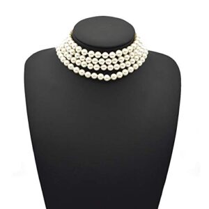 Long Layered Pearl Y Necklace - Boho 6mm Fake Pearls Beaded Choker Layering Statement Necklaces (White)