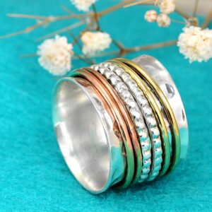 Boho-Magic 925 Sterling Silver Spinner Ring with Brass and Copper Fidget Rings for Women Wide Band (9)