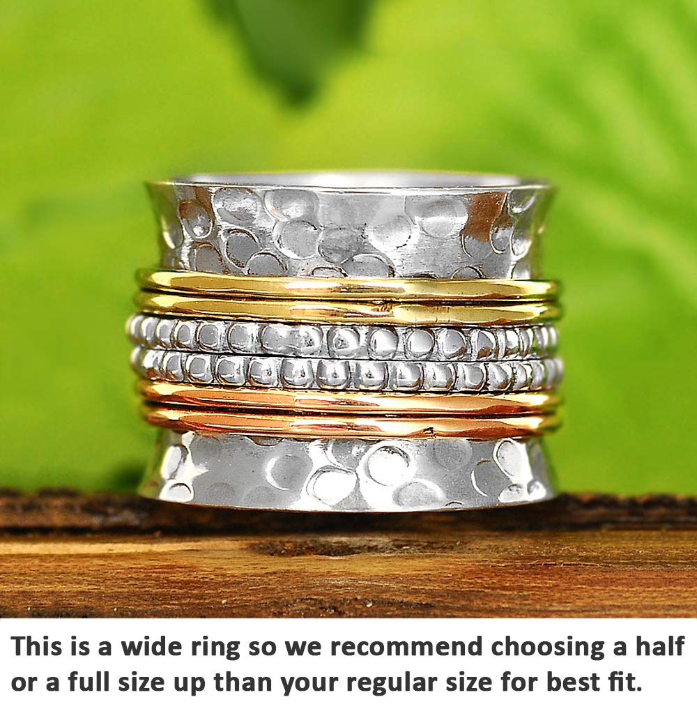 Boho-Magic 925 Sterling Silver Spinner Ring with Brass and Copper Fidget Rings for Women Wide Band (9)