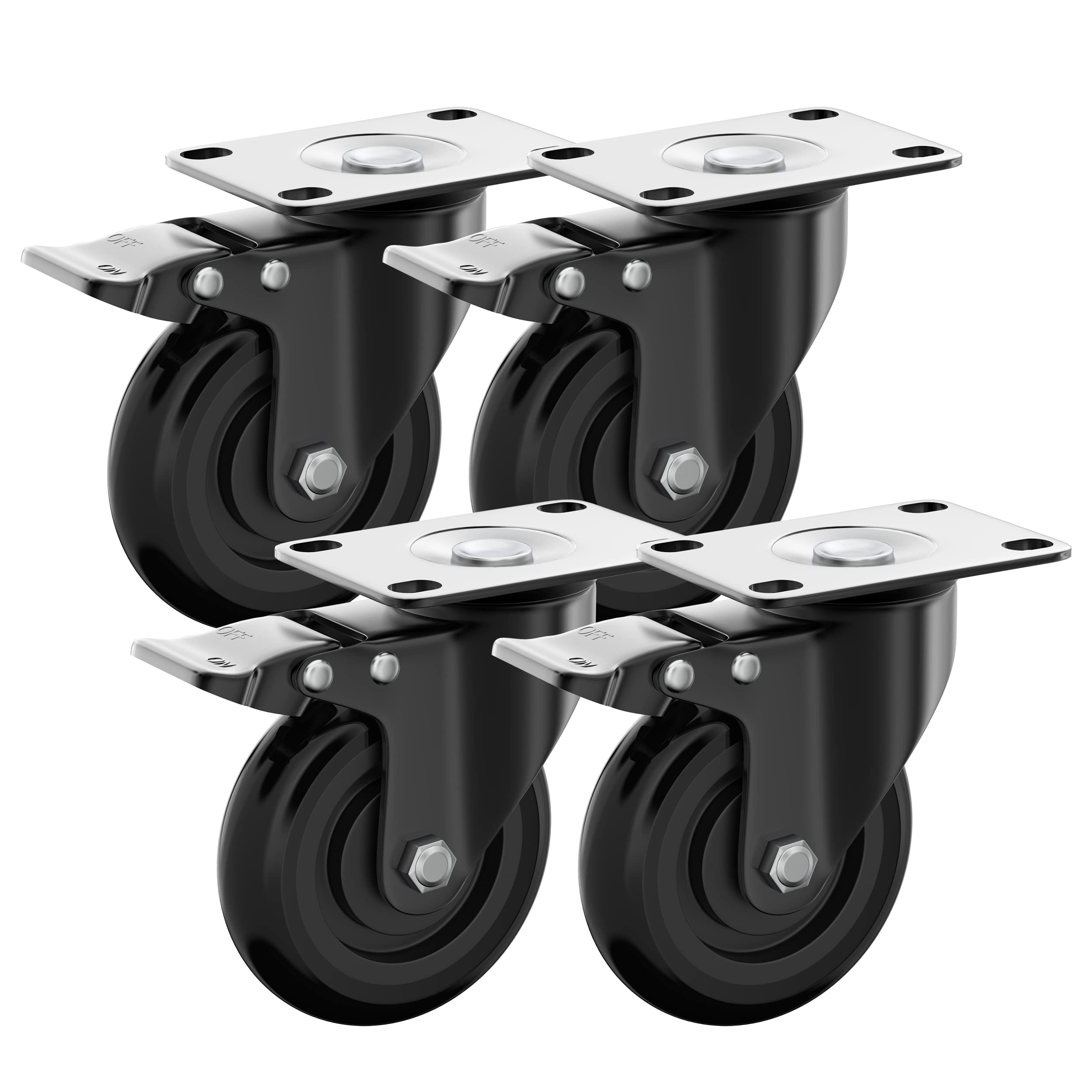 Houseables Caster Wheels, 4 Inch, Set of 4 Heavy Duty Swivel Casters with Brakes, Black, 1000 LB Total Capacity, Metal Locking Castors, Rubber Wheel, for Furniture, Dolly, Carts