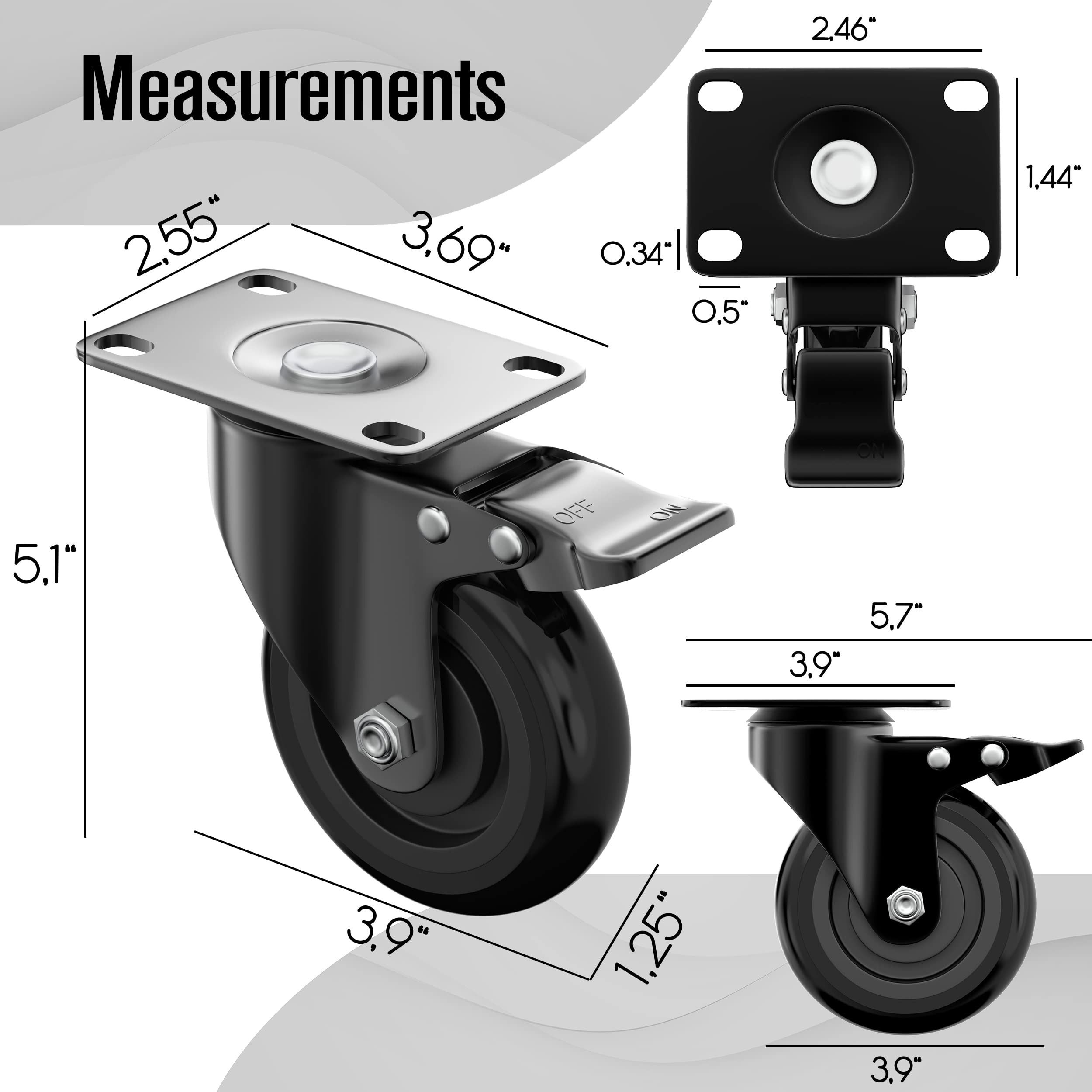 Houseables Caster Wheels, 4 Inch, Set of 4 Heavy Duty Swivel Casters with Brakes, Black, 1000 LB Total Capacity, Metal Locking Castors, Rubber Wheel, for Furniture, Dolly, Carts