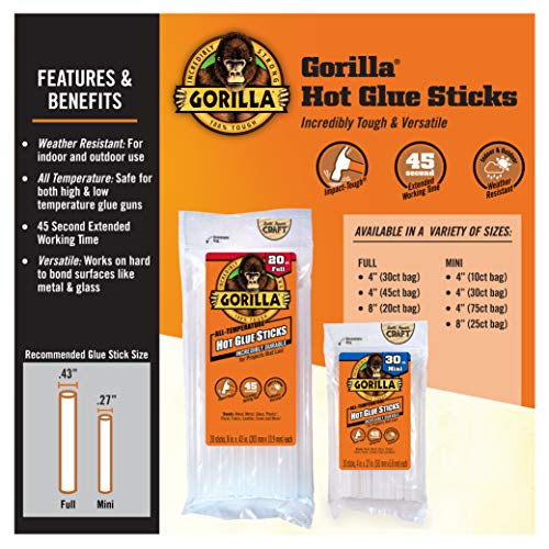 Gorilla Hot Glue Sticks, Mini Size, 4 in Long x .27 in Diameter, Clear Adhesive, All Temperature, Long Term Hold, 75 Count, Clear, (Pack of 2)