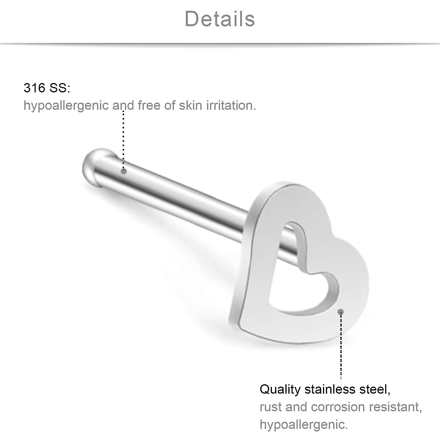 SCERRING 20G 18PCS Stainless Steel Heart Bone Nose Stud Rings Piercing Jewelry 2mm Cubic Zirconia