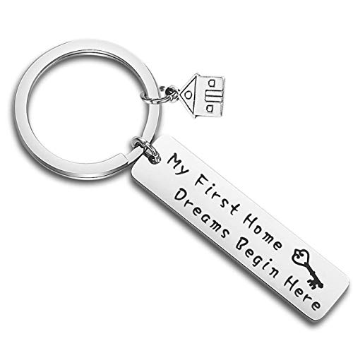 FEELMEM New Home Keychain My First Home Dreams Begin Here Keychain First Home Gift Realtor Gift Key Chain Housewarming Gift for New Home Owner (silver)