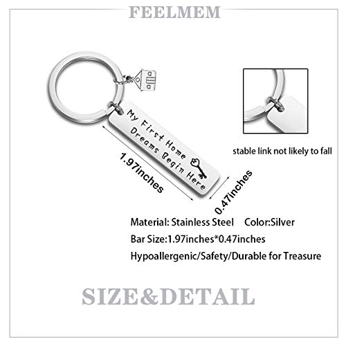 FEELMEM New Home Keychain My First Home Dreams Begin Here Keychain First Home Gift Realtor Gift Key Chain Housewarming Gift for New Home Owner (silver)