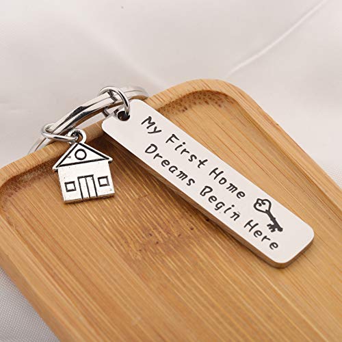 FEELMEM New Home Keychain My First Home Dreams Begin Here Keychain First Home Gift Realtor Gift Key Chain Housewarming Gift for New Home Owner (silver)