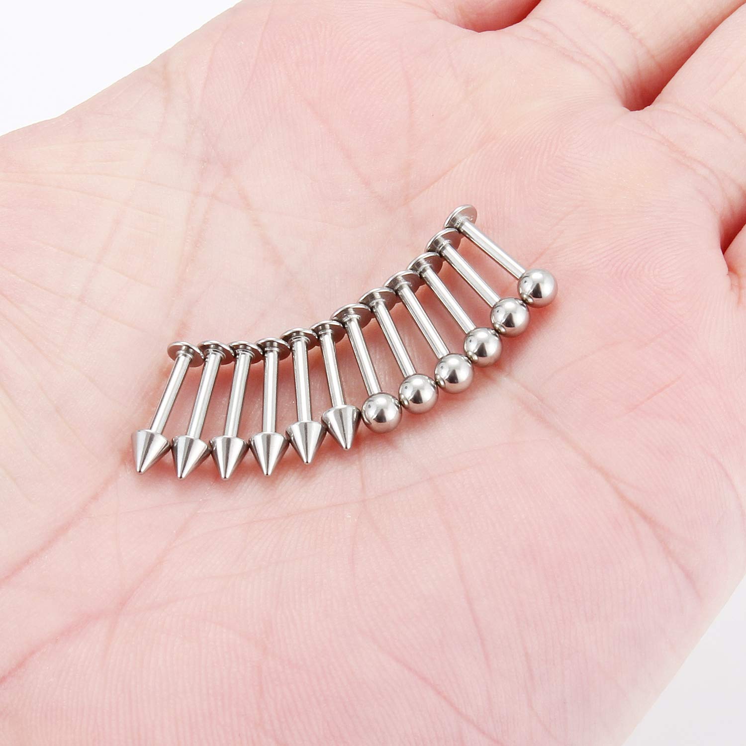 SCERRING 12PCS 14g Stainless Steel Balls & Spikes Labret Monroe Lip Tragus Cartilage Helix Earring Ring Body Piercing Jewelry 10mm - Silver