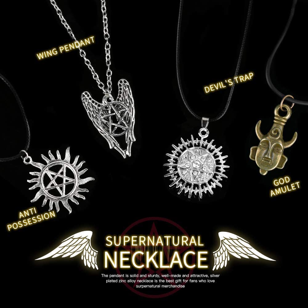 Fineder 4 Pack Supernatural Necklace Dean Winchester Mask Pendant Necklace, Supernatural Merchandise Jewelry Gifts