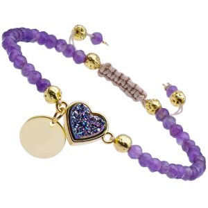 nupuyai 4mm faceted stone beads bracelet for women men, adjustable healing crystal chakra bracelet with druzy heart charms, amethyst