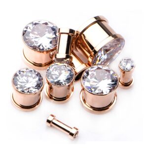 Pierced Owl CZ Gem Rose Gold PVD Plated Screw-Fit Plugs, Sold as a Pair (14mm (9/16"))