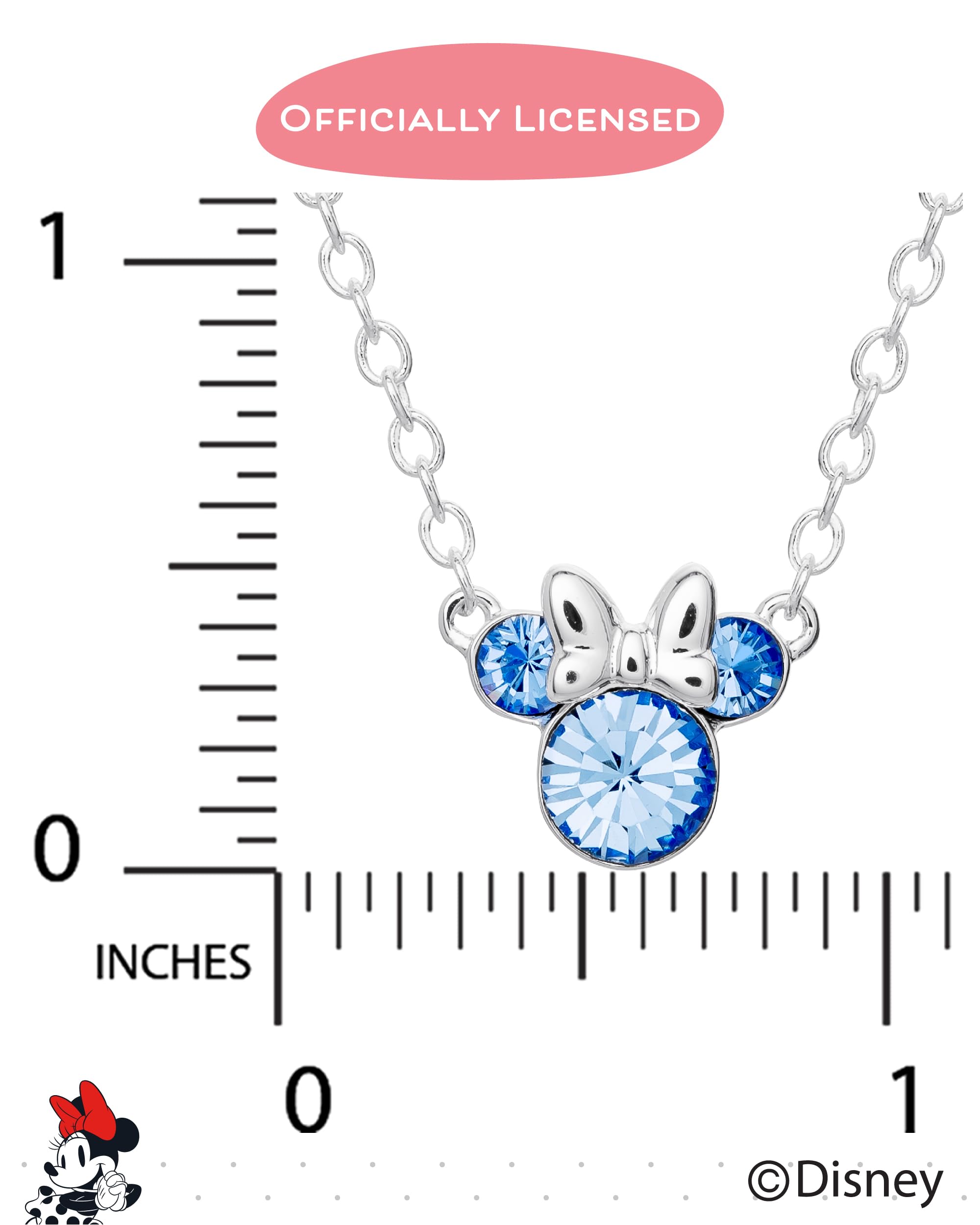 Disney Minnie Mouse Birthstone Jewelry, March Birth Month Pendant Necklace, Silver Plated, Aquamarine Blue Crystal