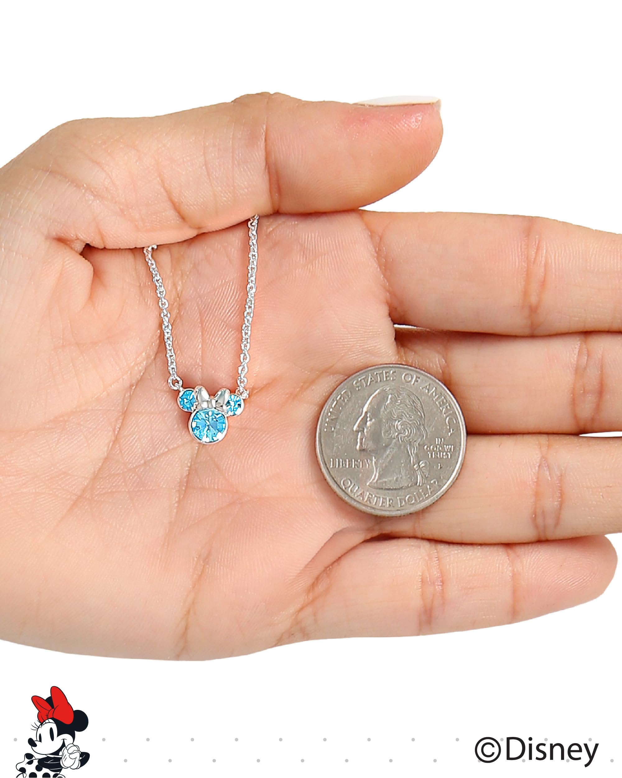 Disney Minnie Mouse Birthstone Jewelry, March Birth Month Pendant Necklace, Silver Plated, Aquamarine Blue Crystal