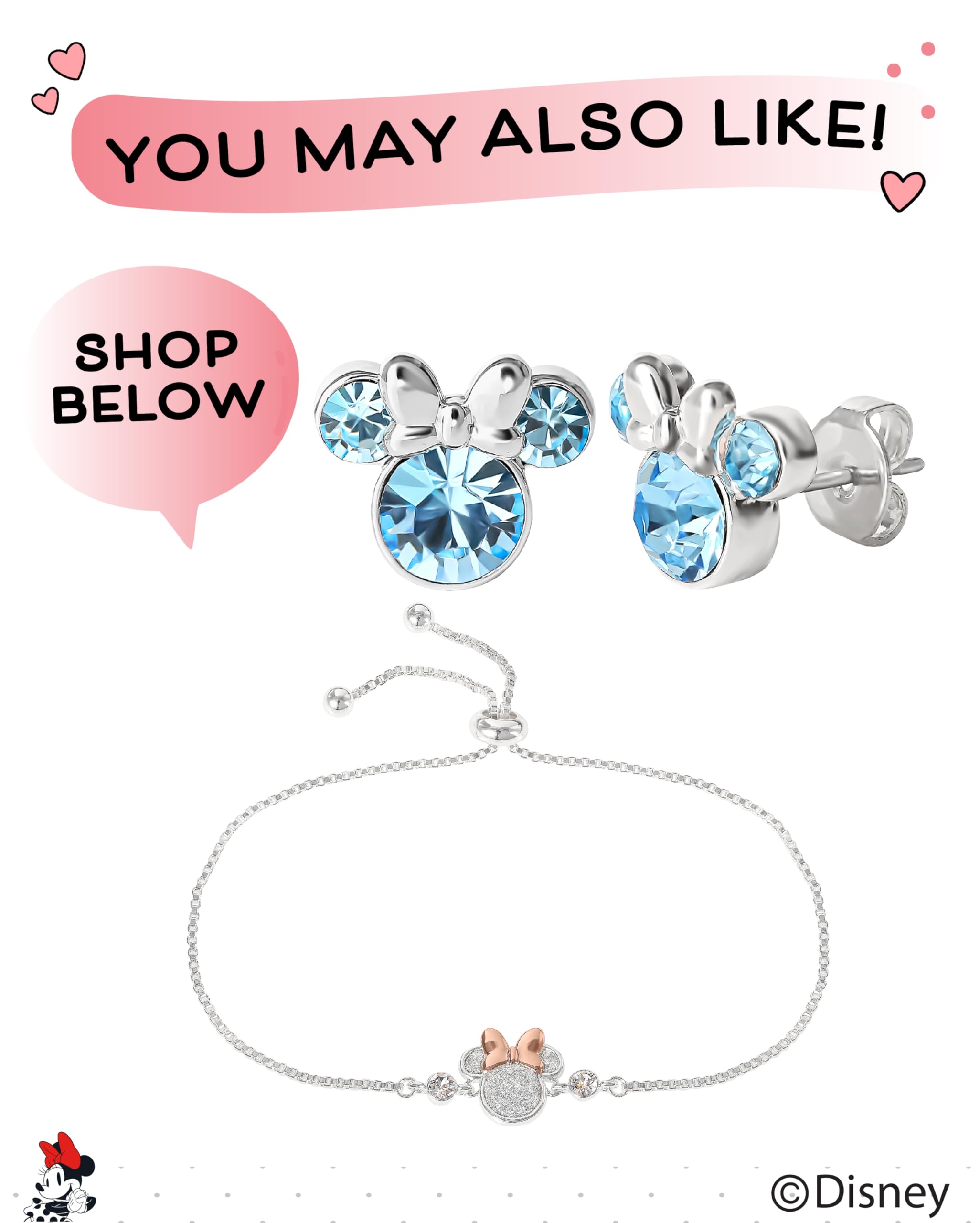 Disney Minnie Mouse Birthstone Jewelry, March Birth Month Pendant Necklace, Silver Plated, Aquamarine Blue Crystal