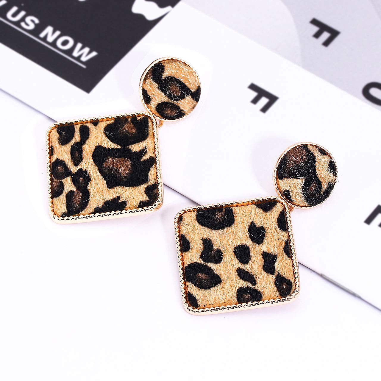 CEALXHENY Leopard Dangle Earrings for Women Statement Snakeskin Square Drop Earrings Disc Earring Studs Fashion Jewelry (A Leapard-Fur)