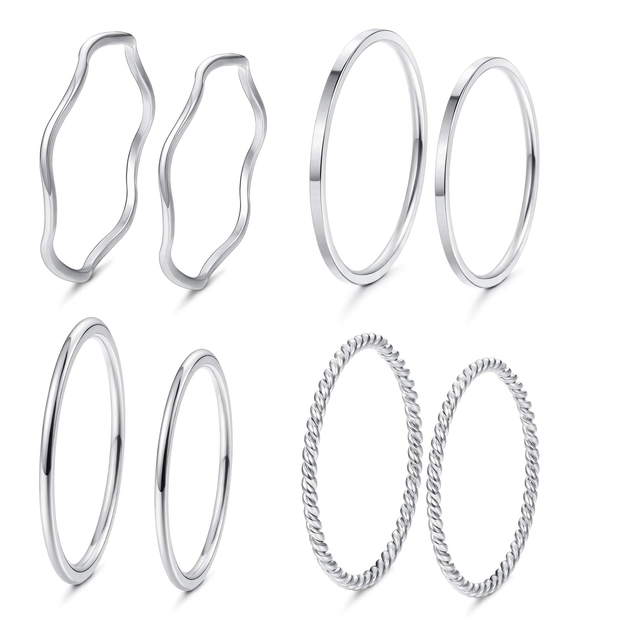 LOYALLOOK 8-14Pcs 1mm Stainless Steel Women's Plain Band Knuckle Stacking Midi Rings Comfort Fit Silver Tone