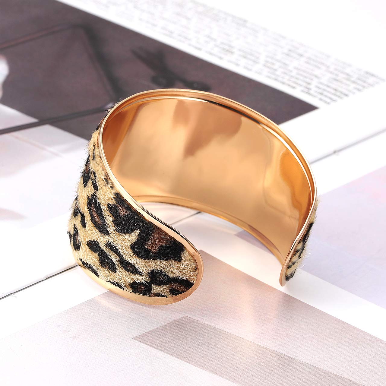 LIAO Jewelry Leopard Cuff Bracelet for Women Horse Hair Leather Wide Gold Open Bangle Bracelets