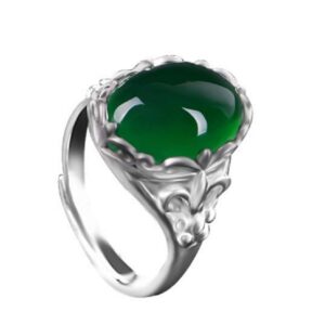 Aimys 925 Silver Green Agate Crystal Ring Emerald Vintage Inlaid Chalcedony Index Finger Opening Adjustable Female Ring