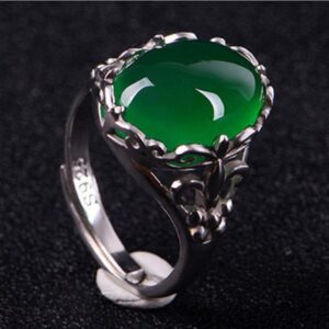 Aimys 925 Silver Green Agate Crystal Ring Emerald Vintage Inlaid Chalcedony Index Finger Opening Adjustable Female Ring