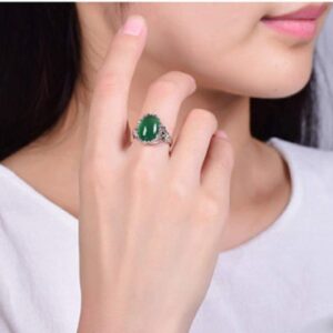 Aimys 925 Silver Green Agate Crystal Ring Emerald Vintage Inlaid Chalcedony Index Finger Opening Adjustable Female Ring