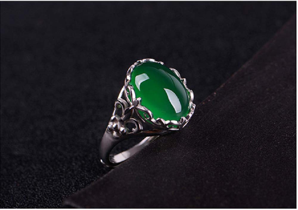 Aimys 925 Silver Green Agate Crystal Ring Emerald Vintage Inlaid Chalcedony Index Finger Opening Adjustable Female Ring