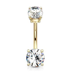 amelia fashion 14ga double cz prong set belly button/navel ring internally threaded 316l surgical steel (gold/clear)