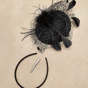 BABEYOND Fascinator Hat Veil Feather Fascinators Hair Clip Tea Party Pillbox Derby Hat Fascinator Bridal Wedding Black