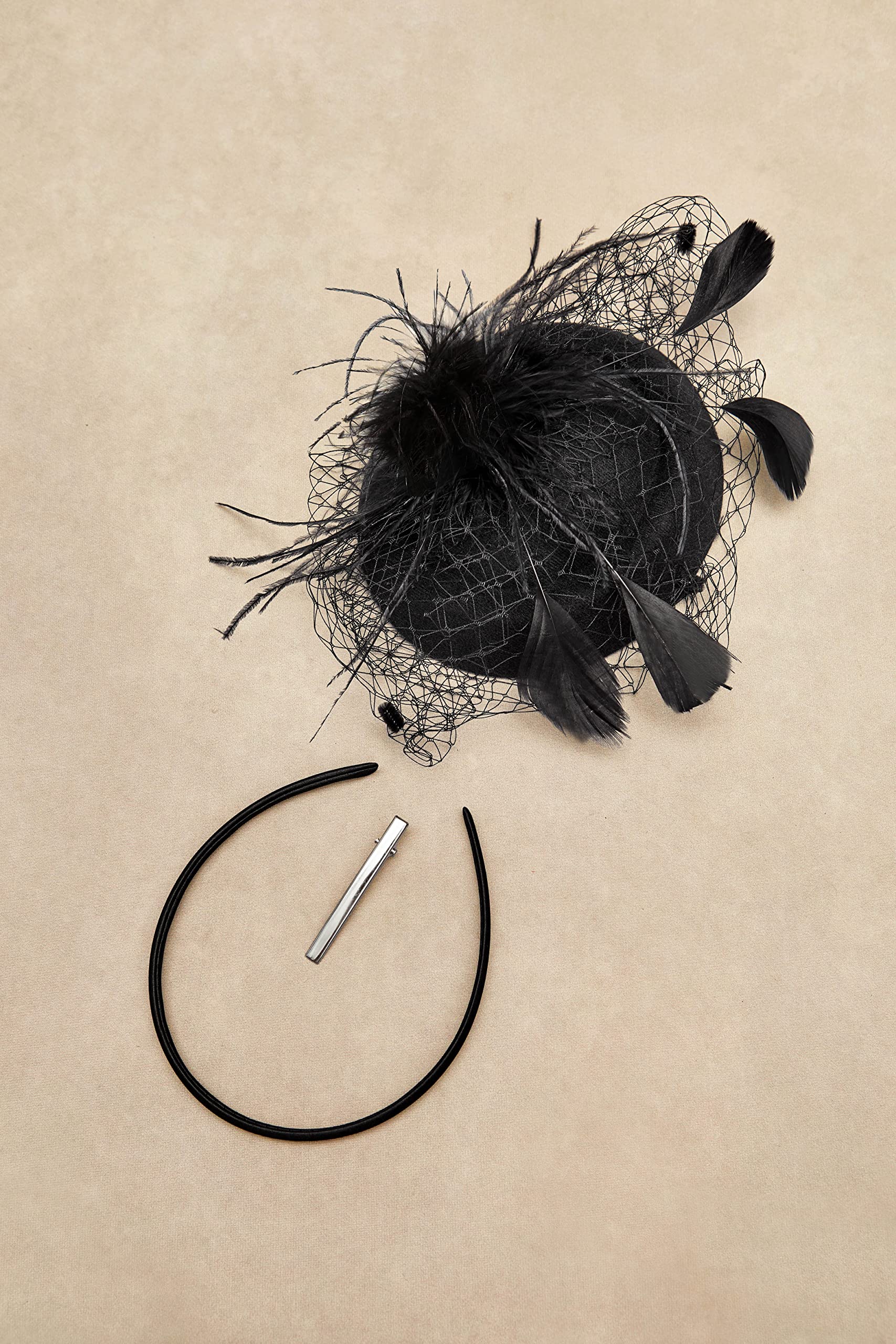 BABEYOND Fascinator Hat Veil Feather Fascinators Hair Clip Tea Party Pillbox Derby Hat Fascinator Bridal Wedding Black