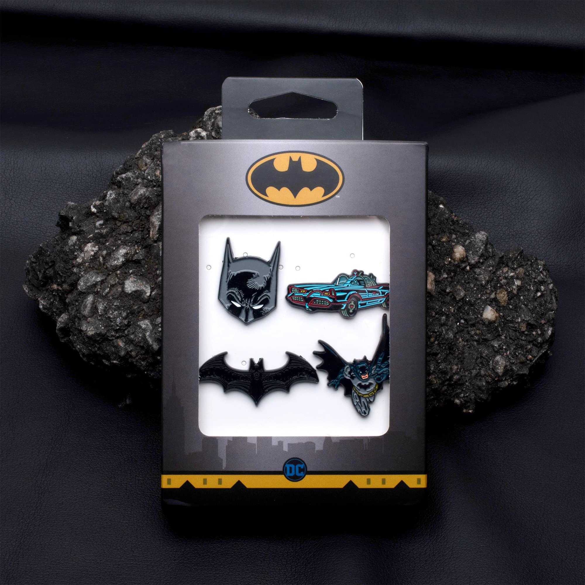 Officially Licensed DC Comics Unisex Adult Batman Enamel Lapel Pin Set (4 piece), Grey, One Size