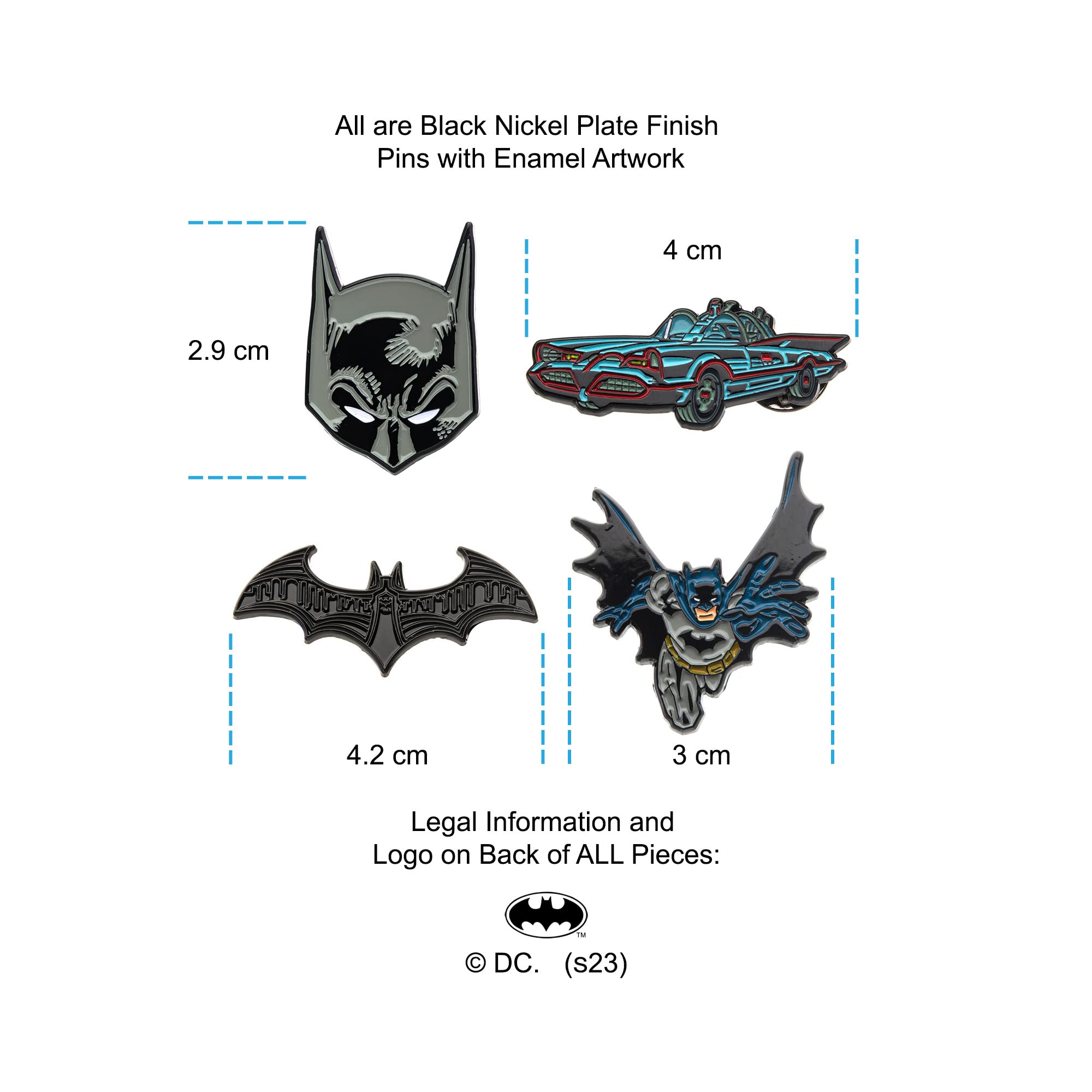 Officially Licensed DC Comics Unisex Adult Batman Enamel Lapel Pin Set (4 piece), Grey, One Size