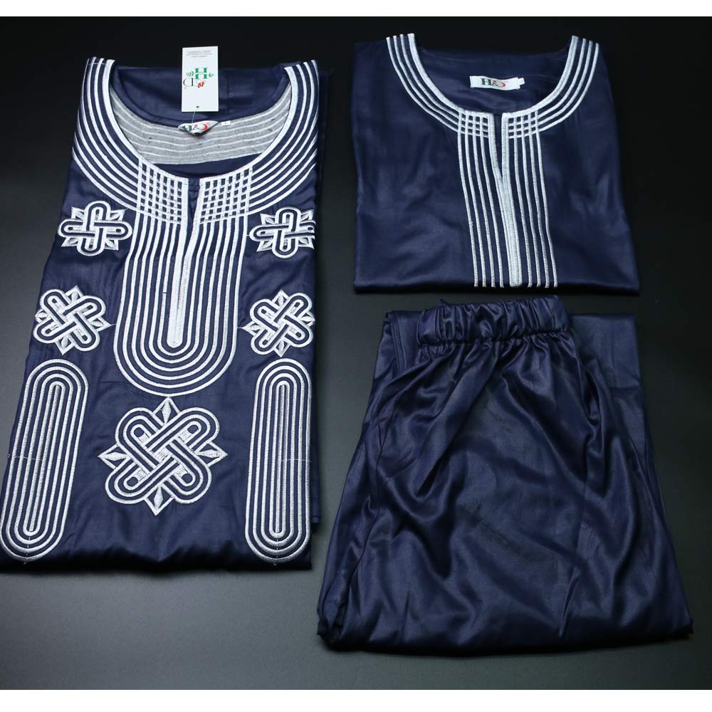 HD African Apparel Agbada Clothing Embroidery Dashiki Shirts and Pants 3 Pieces Outfits for Men Blue 3XL