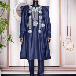 HD African Apparel Agbada Clothing Embroidery Dashiki Shirts and Pants 3 Pieces Outfits for Men Blue 3XL