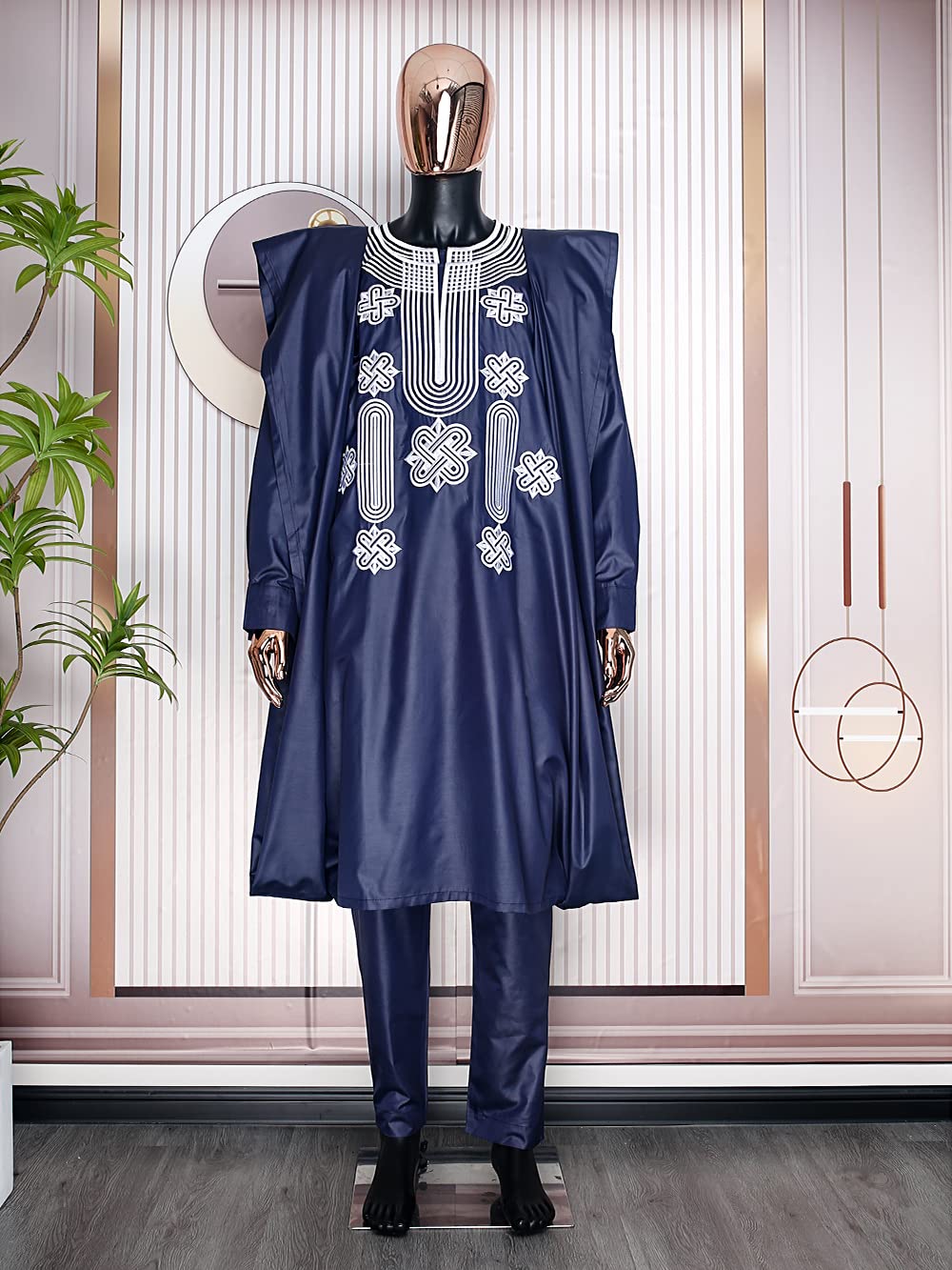 HD African Apparel Agbada Clothing Embroidery Dashiki Shirts and Pants 3 Pieces Outfits for Men Blue 3XL