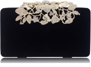 magiclove womens evening bag with rhinestone crystal flower closure velvet clutch purse for wedding party black