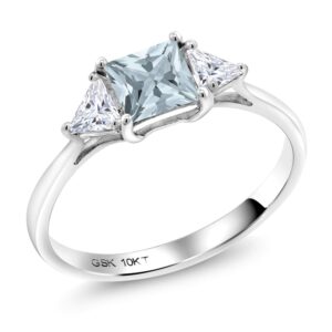 10k white gold sky blue aquamarine and white moissanite from charles & colvard 3 stone engagement ring for women (0.82 cttw, march birthstone, princess 5mm, trillion 3.5mm) (size 7)