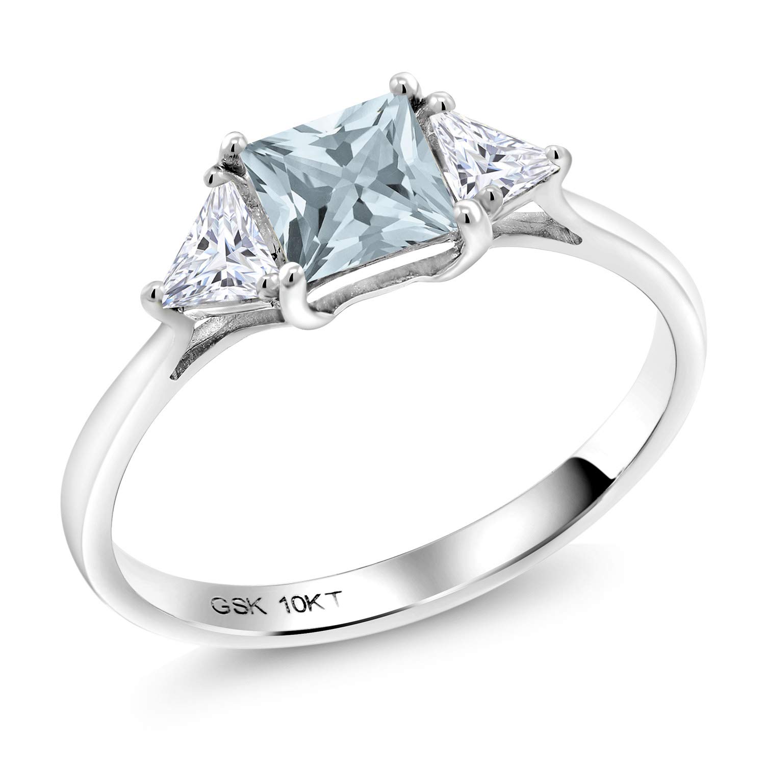 10K White Gold Sky Blue Aquamarine and White Moissanite from Charles & Colvard 3 Stone Engagement Ring For Women (0.82 Cttw, March Birthstone, Princess 5MM, Trillion 3.5MM) (Size 7)