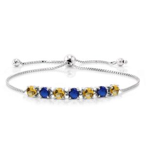 gem stone king 925 sterling silver yellow citrine and blue created sapphire tennis bracelet for women (2.33 cttw, round 4.5mm, gemstone birthstone, fully adjustable up to 9 inch)